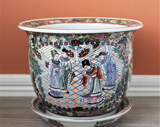 Large Rose Medallion Planter W/ Drainage Saucer Hand-painted Flowerpot ...