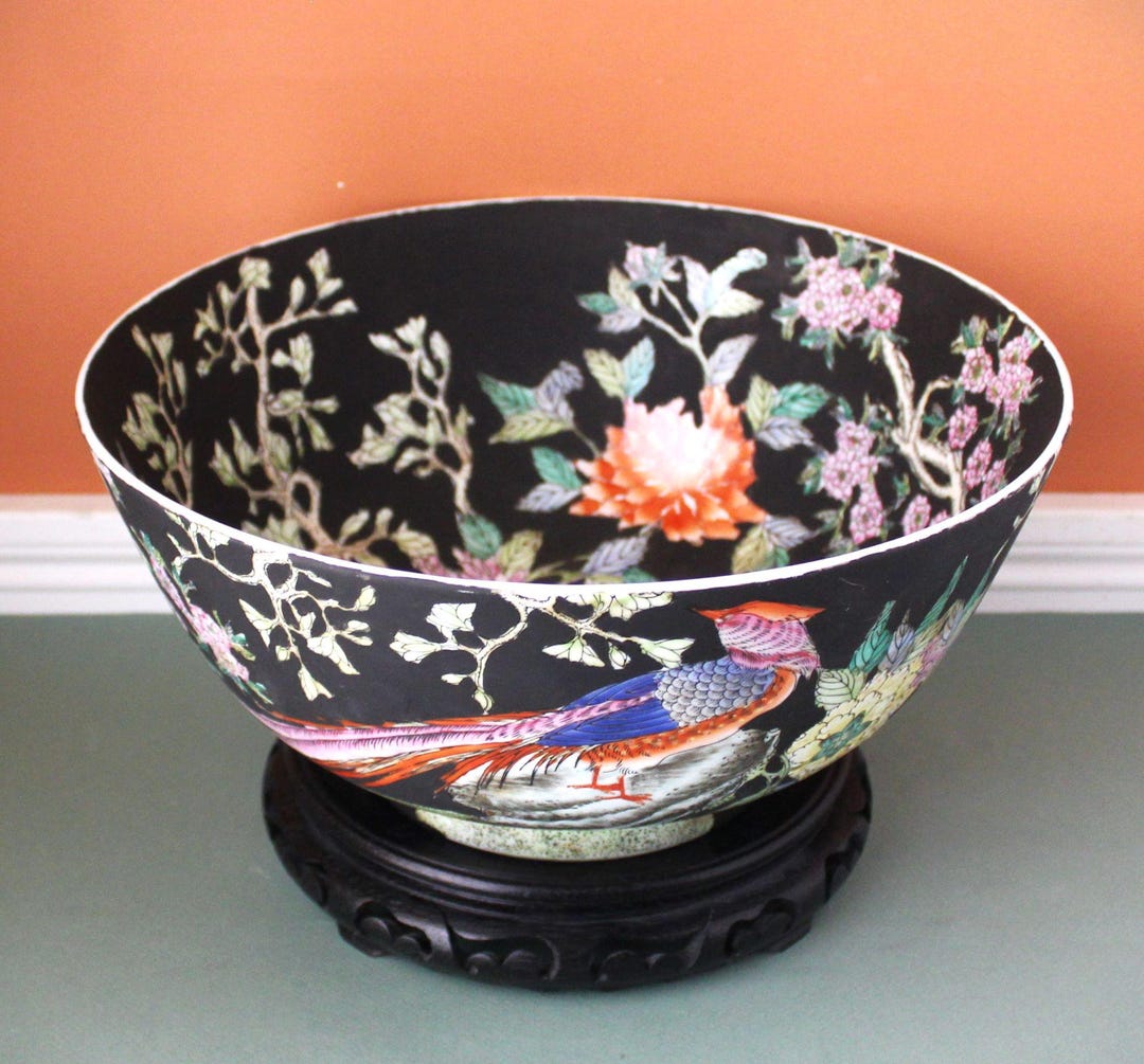 Large Chinese Centerpiece Bowl & Stand, 12", Phoenix Bird, Flowers ...