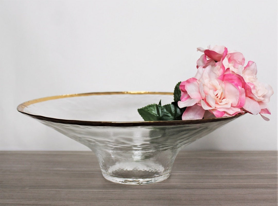 Large Glass Art Bowl Centerpiece Clear With Metallic Gold Rim Art Glass ...
