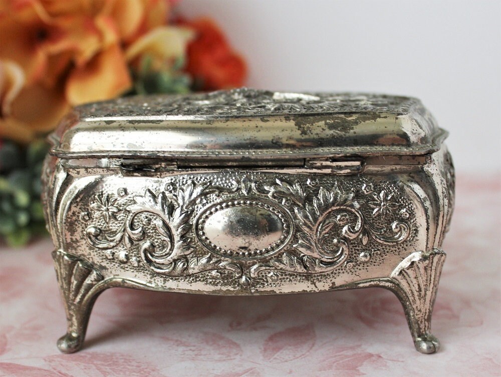 Metal Box Hinged Lid Footed Rectangular Silver Plated Embossed - Etsy