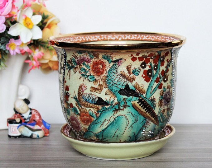 Large Asian Planter Drainage & Saucer Porcelain Pot Chinese Vintage ...
