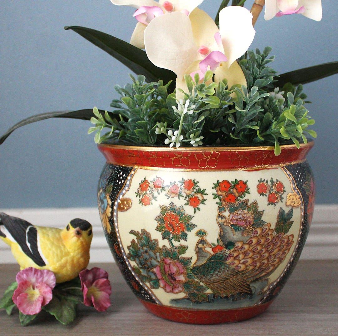 Small Asian Koi Fish Planter, Satsuma Style Fishbowl, Porcelain Floral ...