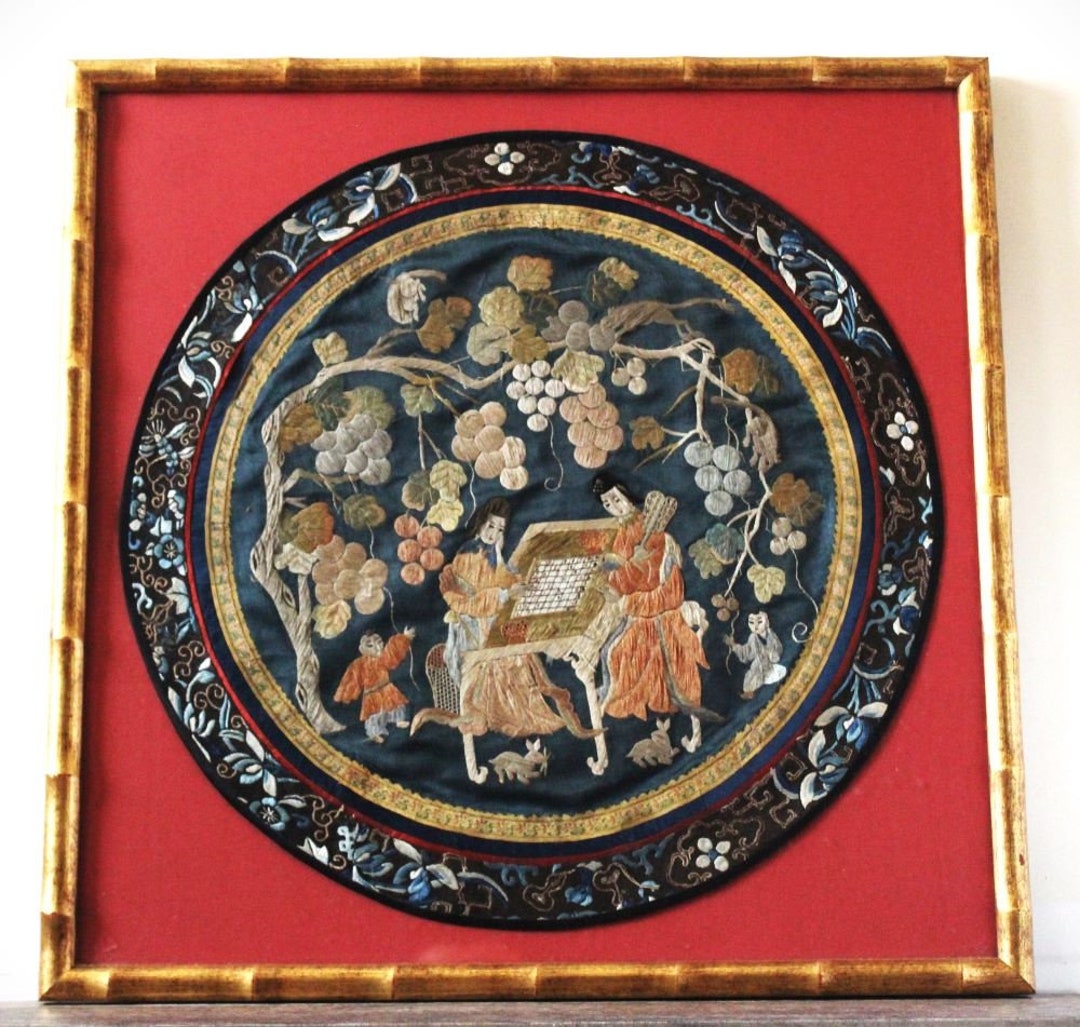 Framed Antique Chinese Silk Embroidery: Roundel Panel W/ Figures - Etsy