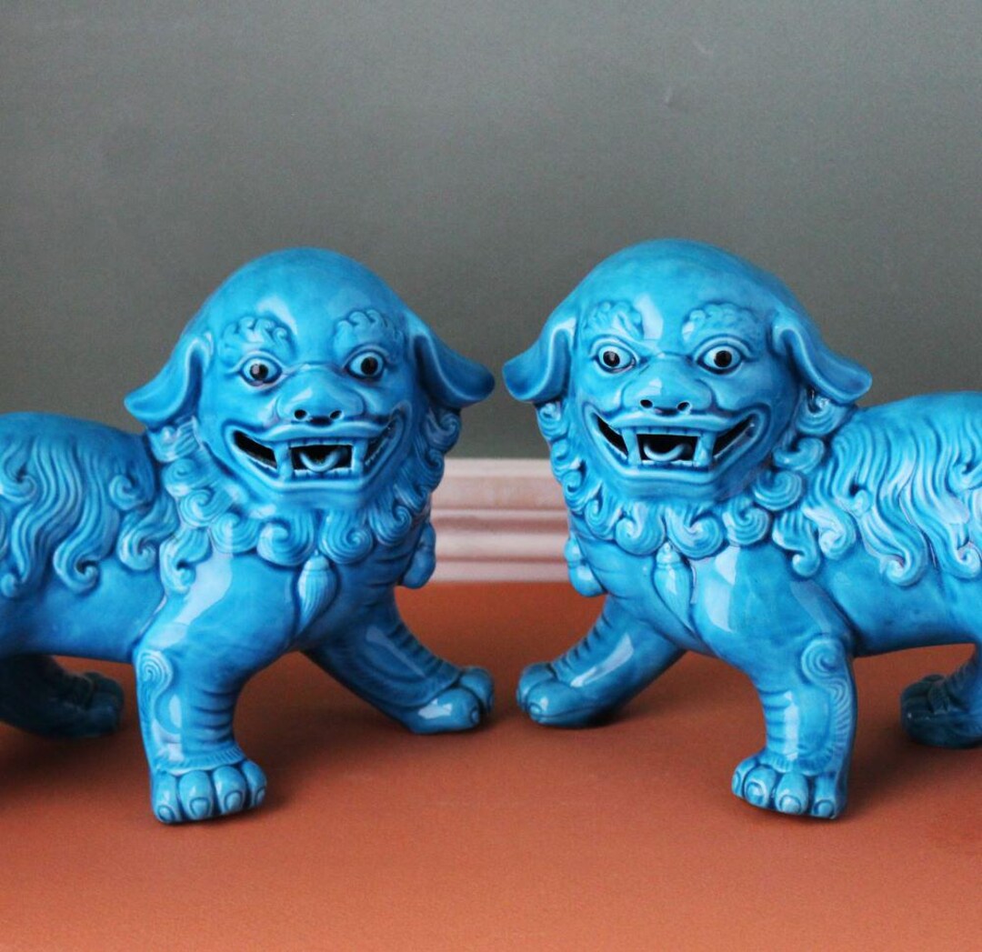 Large Pair 10 Long Chinese Foo Dog Figurine, Turquoise Blue Ceramic ...