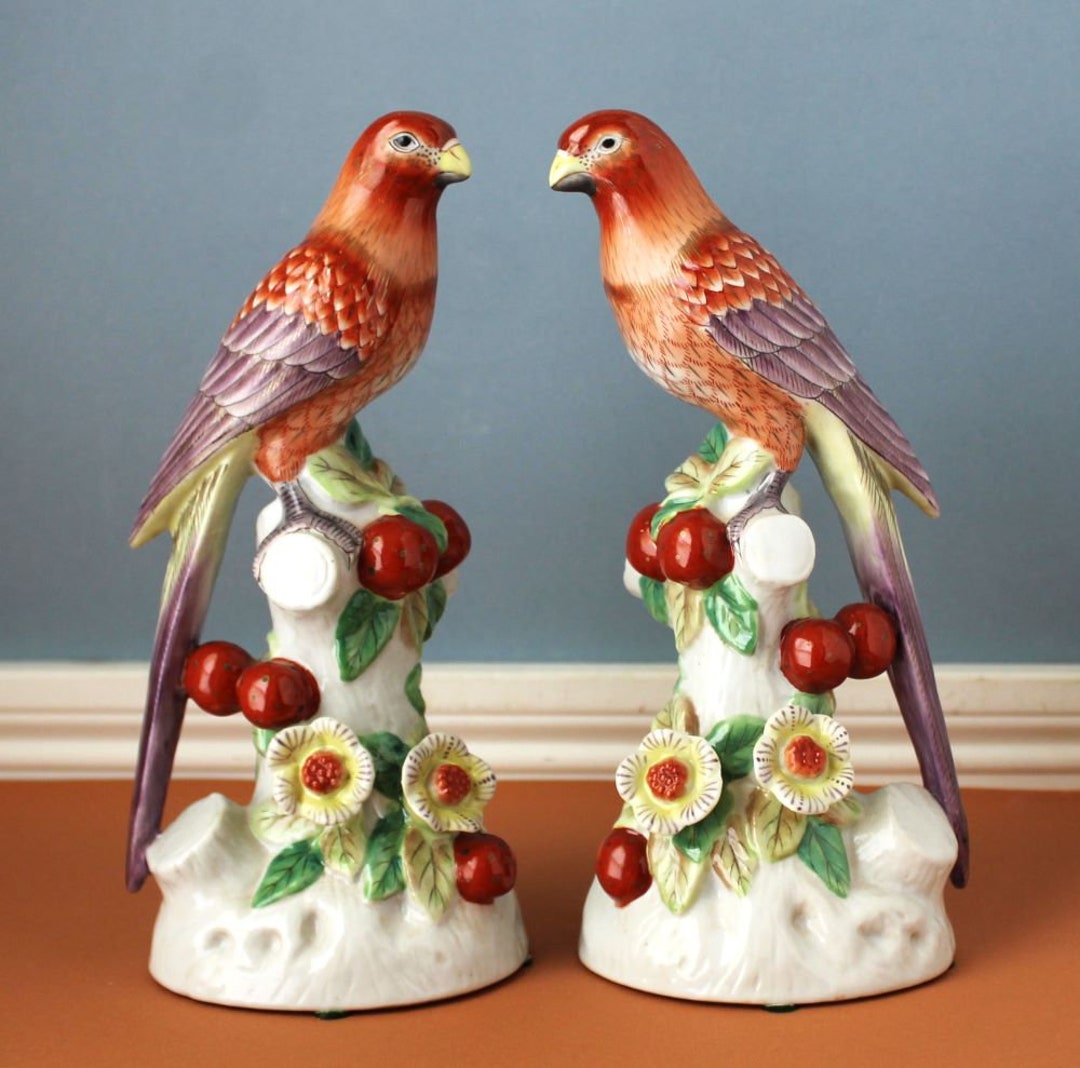 Parakeet Figurine Pair Large Porcelain SADEK Exotic Bird Statues Nature ...