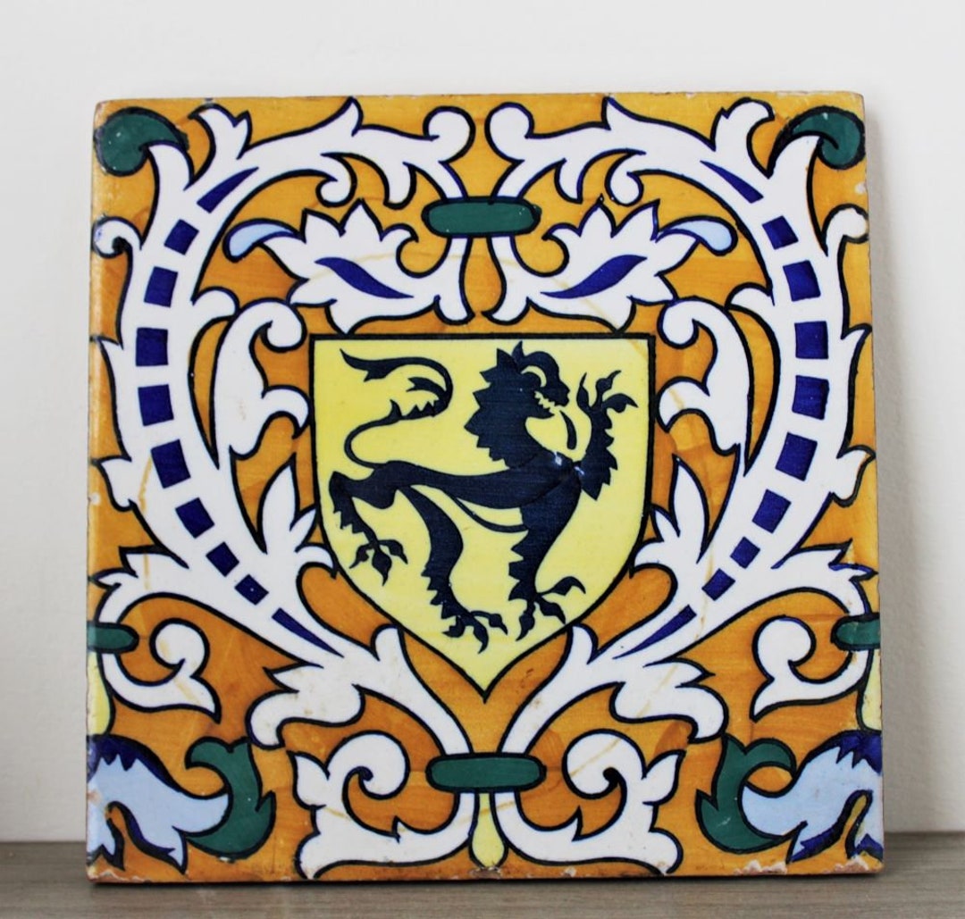 Large Ceramic Tile, 8x8 W/ Wood Stand, Griffin Shield, Collectible ...