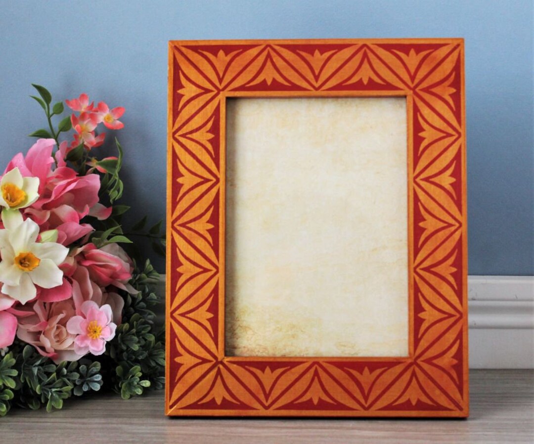 Photo Frame 5x7 Hand Painted Artisan Wood Picture Frame Red & Gold ...