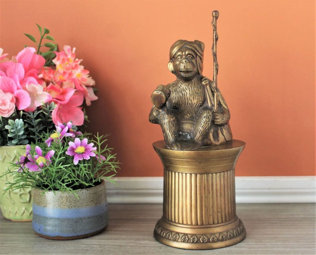 Brass Monkey Figurine W/ Staff and Cup Large 10.5 Tall - Etsy
