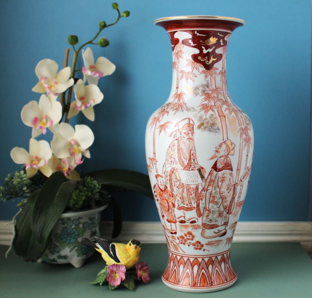 Large Japanese Vase 16 Tall Kutani Ware Porcelain Hand Painted Scholars ...