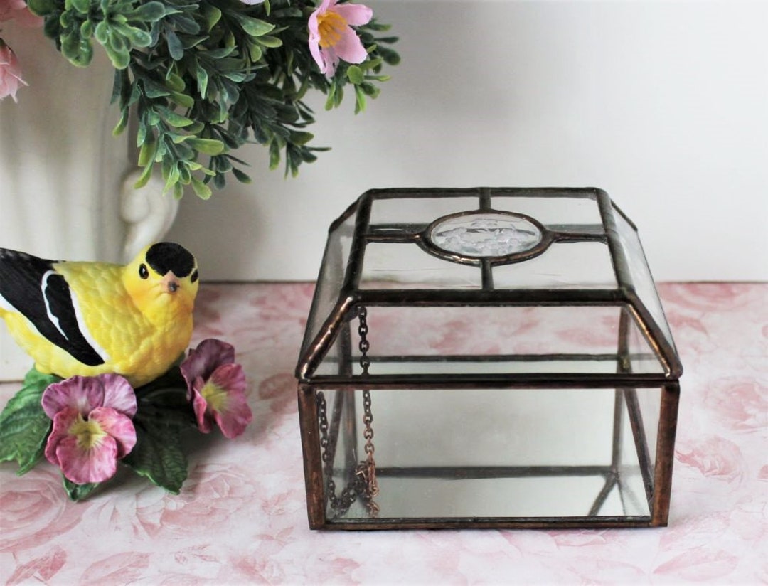 Glass Box W/ Hinged Lid Etched Floral Design Metal Trim Square - Etsy