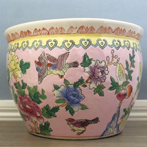 Asian Planter, Pink Cachepot, Flowerpot 7"x9.75" Hand Painted Porcelain ...