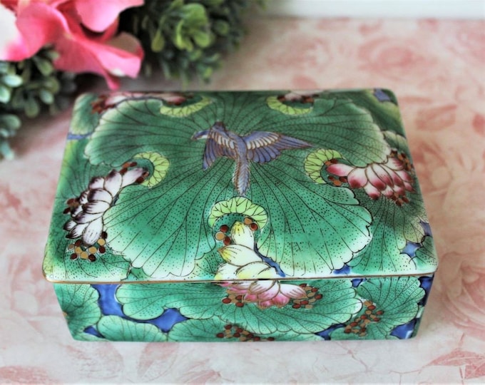 Green Lotus Box Large Leaves Vintage Chinese Jewelry Keepsake Trinket ...