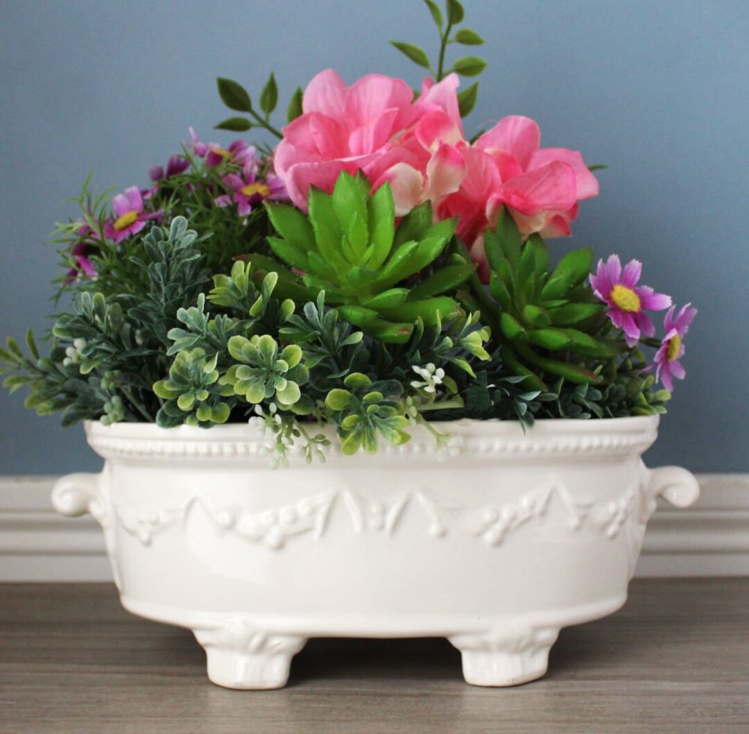 Cachepot Oval Planter Footed Embossed Motif Ceramic Antique White Cache ...