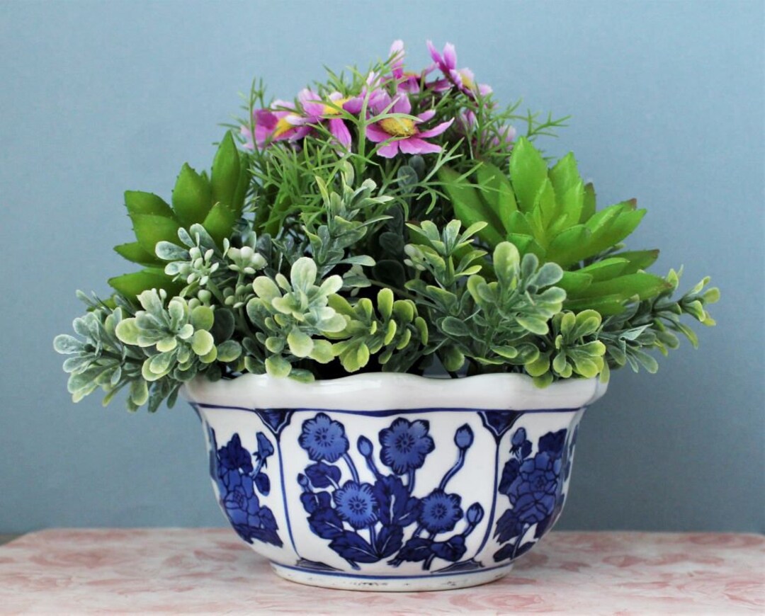 Planter Asian Cache Pot Blue & White Ceramic Porcelain Bonsai Cactus ...