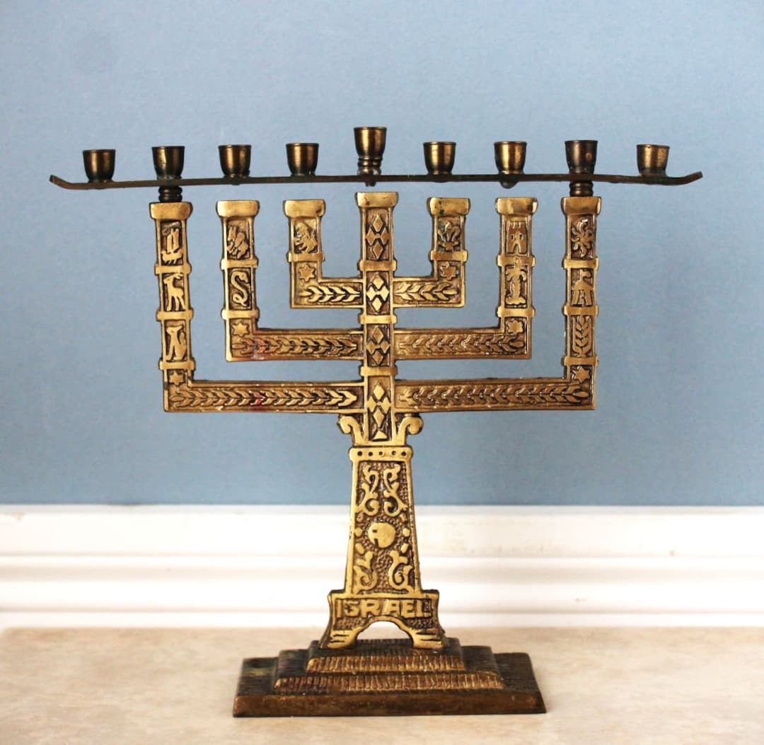 Brass Hanukkah Menorah Twelve Tribes of Israel Metal Judaic Candle ...