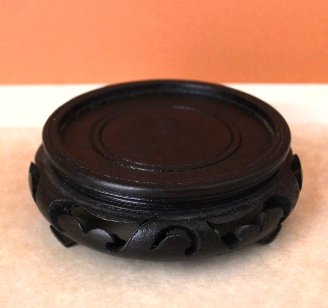 Round Carved Wood Stand Chinese Display Wooden Pedestal Asian Ornate ...