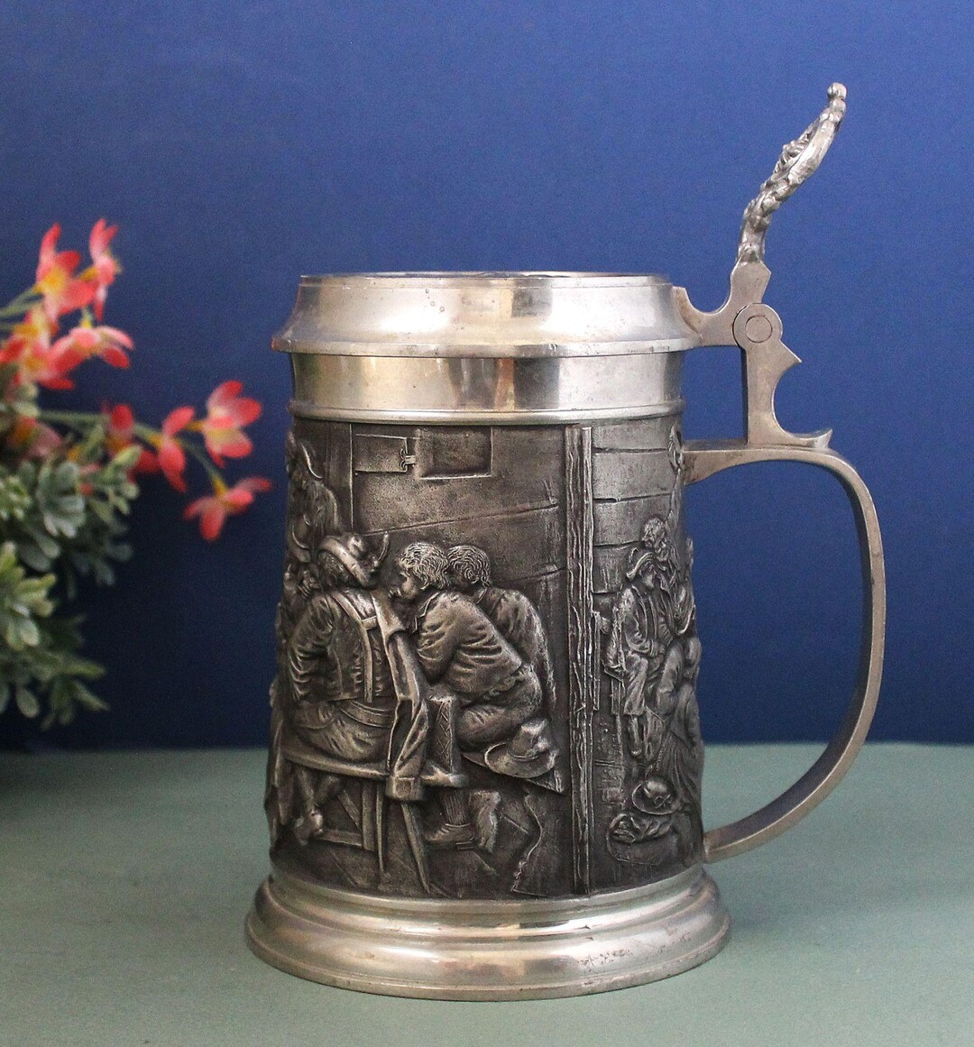 Vintage Pewter Beer Stein: Relief Rural Tavern Scenes, Hinged Lid ...