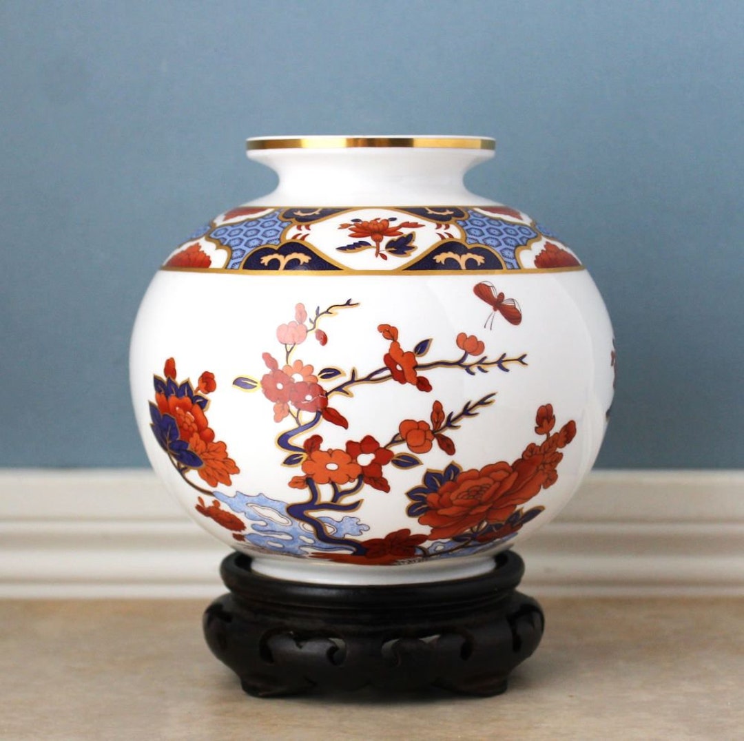 SPODE Vase W/ Stand England Shima Pattern Fine Bone China Round Globe ...