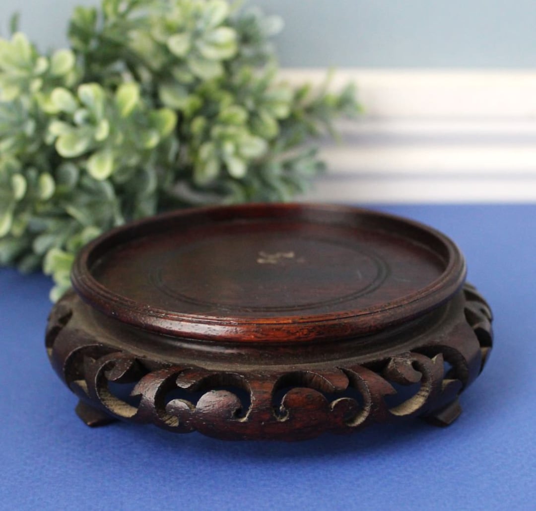 Round Carved Wood Stand Chinese Display Wooden Pedestal Asian Ornate ...