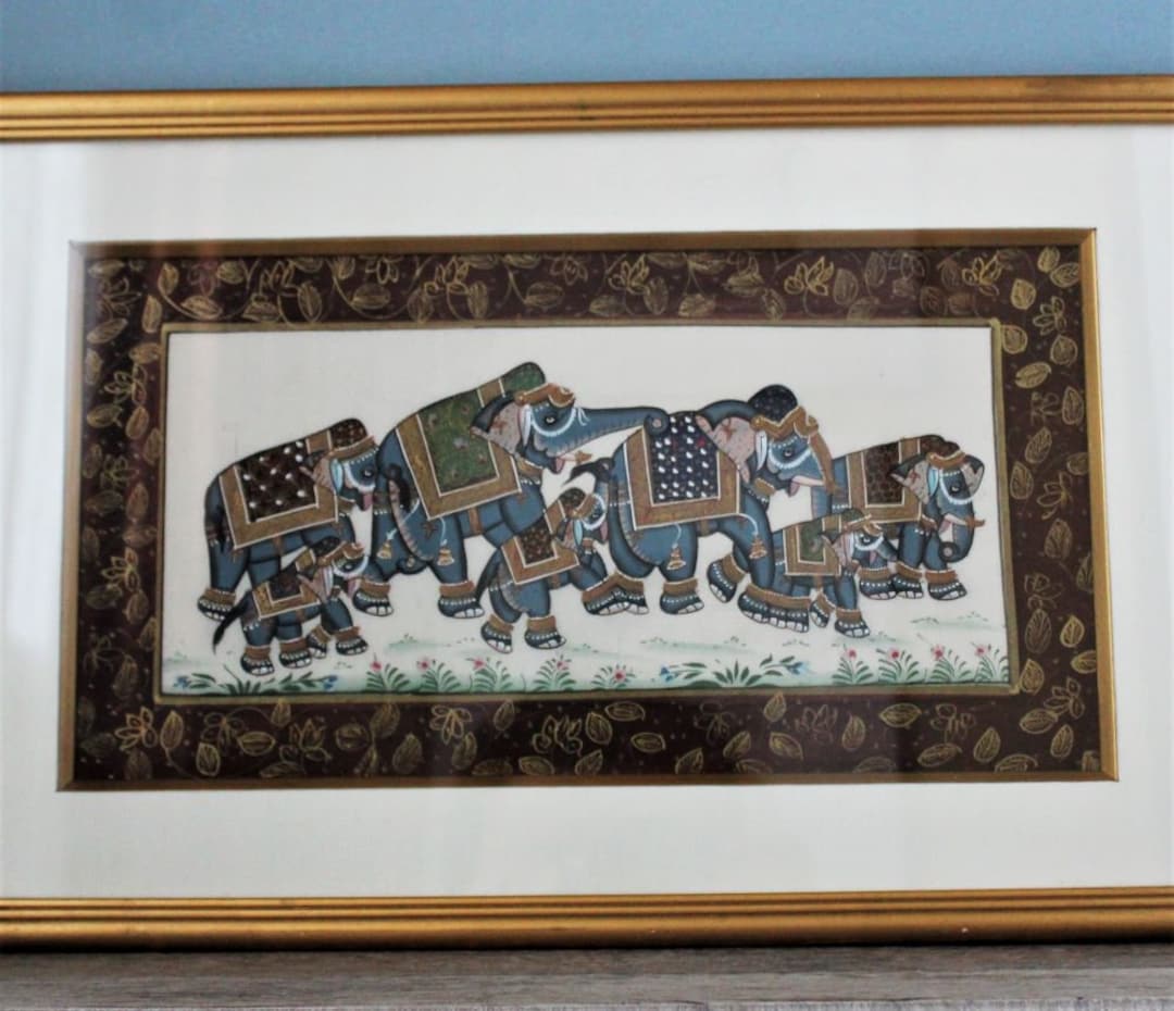 Authentic Silk Elephant Painting, Framed Parade of Elephants ...