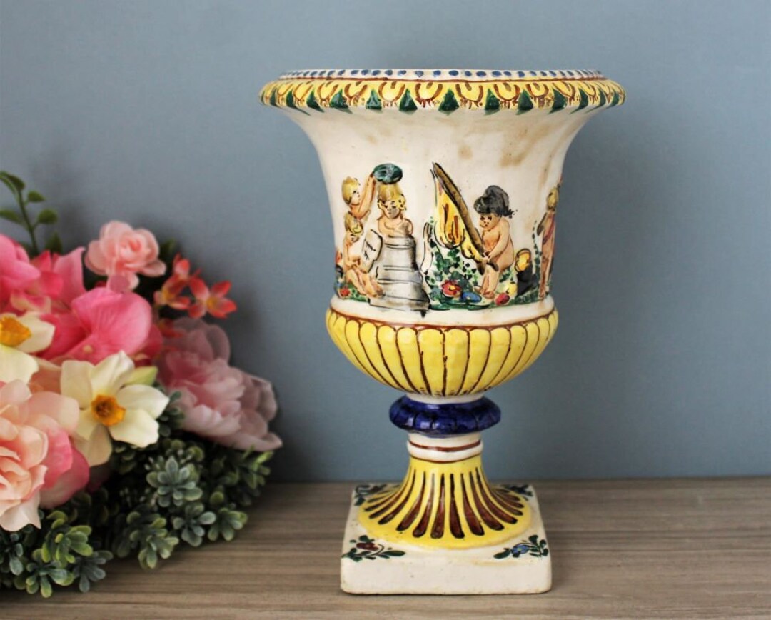 Large Hand Painted Urn, 9 Tall, Cachepot, Planter, Vase, With Putti ...