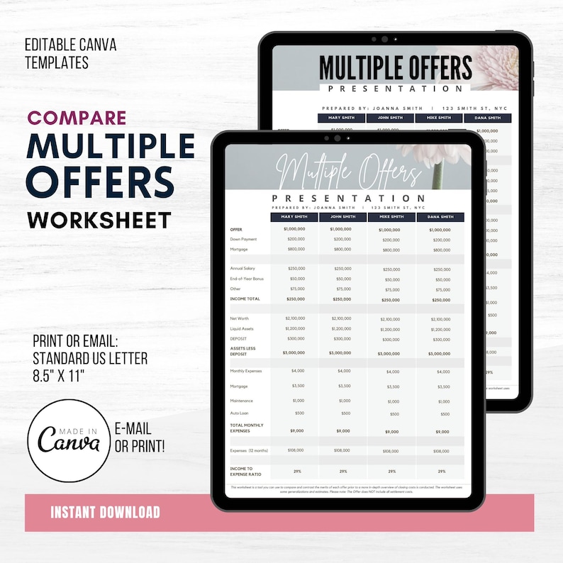 Real Estate Multiple Offer Comparison Worksheet: Canva Template (instant Download) - Etsy