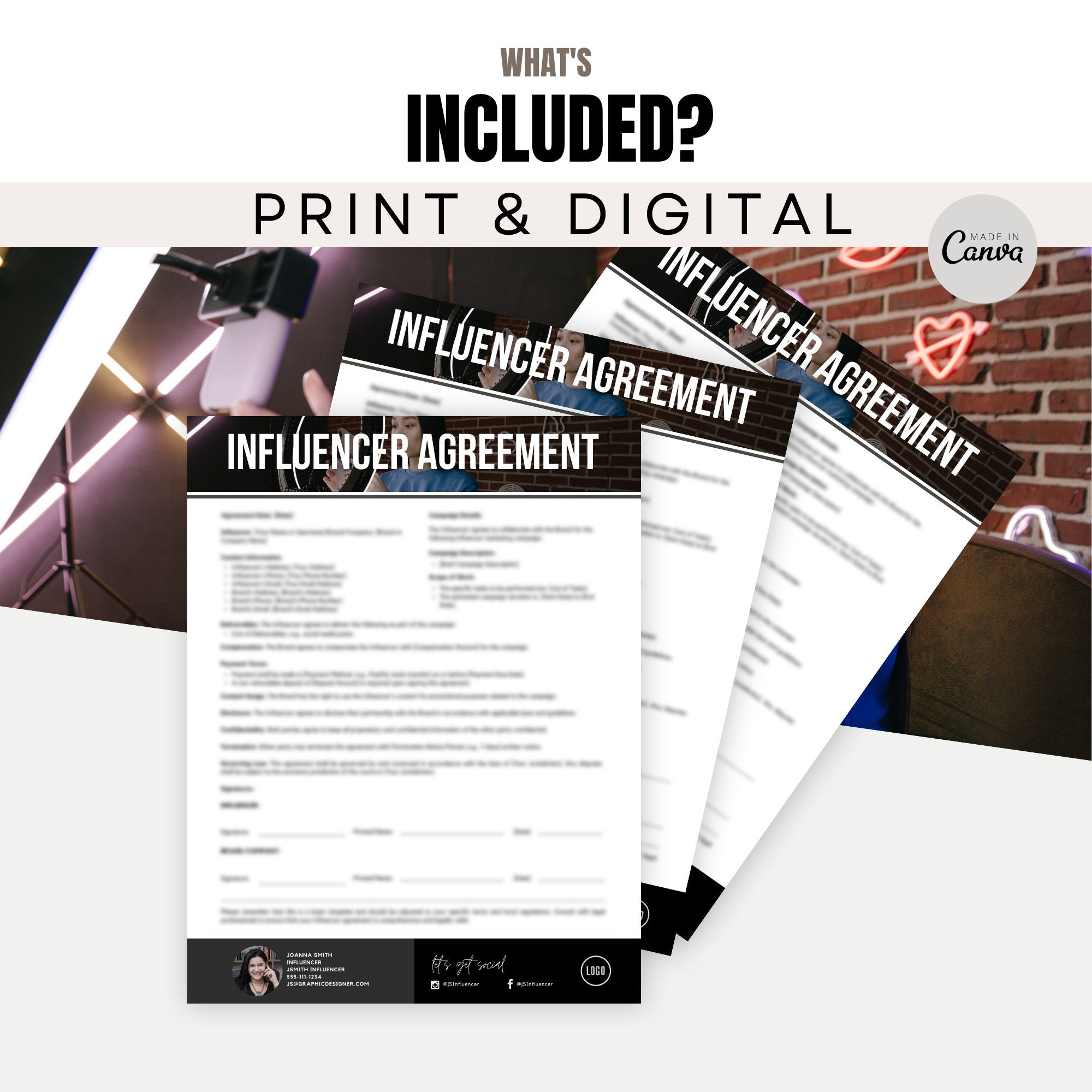 Effective, Super Short, 1page Editable Influencer Agreement Printable ...