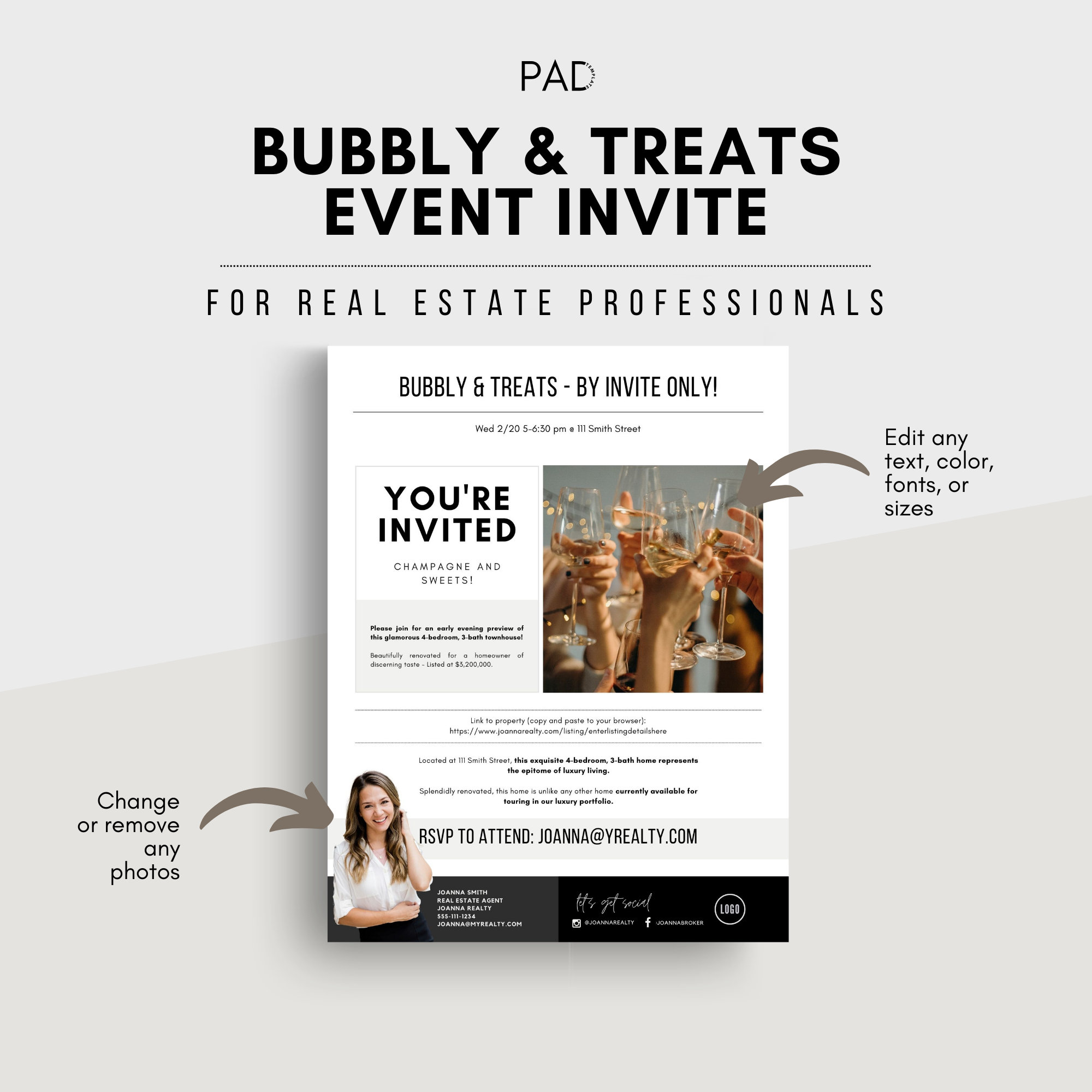 Realtor Open House Invite: Bubbly & Treats, Editable Canva Template (digital Download) - Etsy