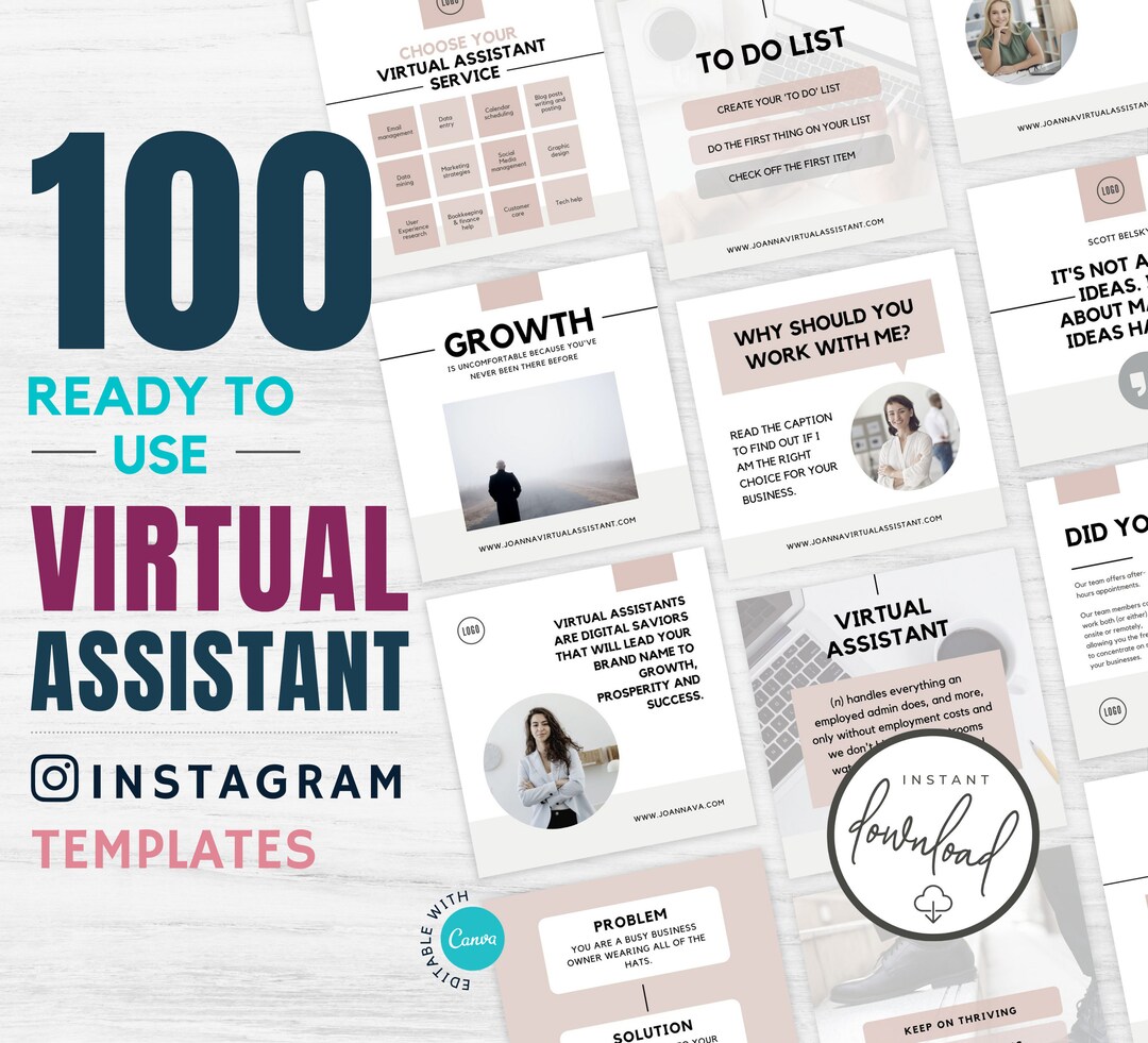 Virtual Assistant Instagram Posts: 100 Canva Templates (digital ...