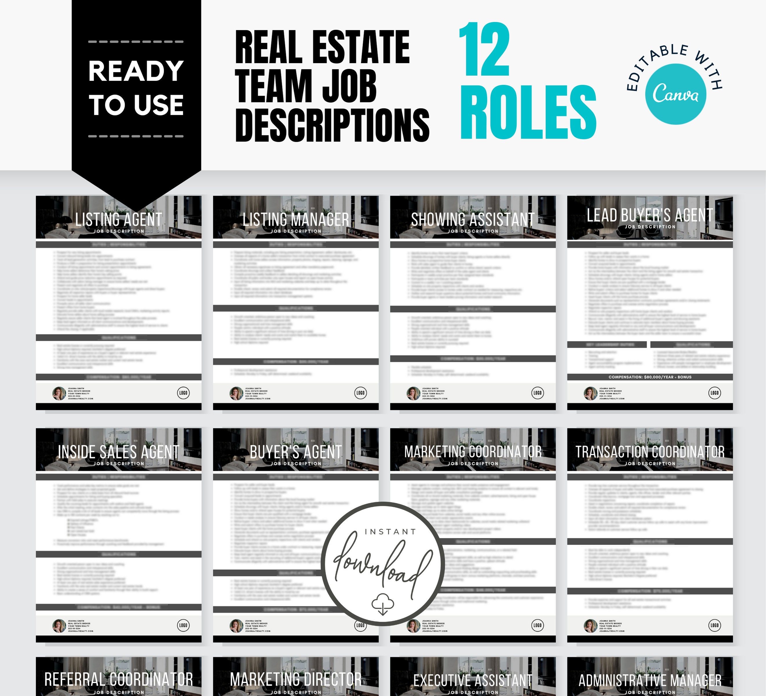 Real Estate Team Job Descriptions Bundle: Realtor Roles (CANVA Template ...