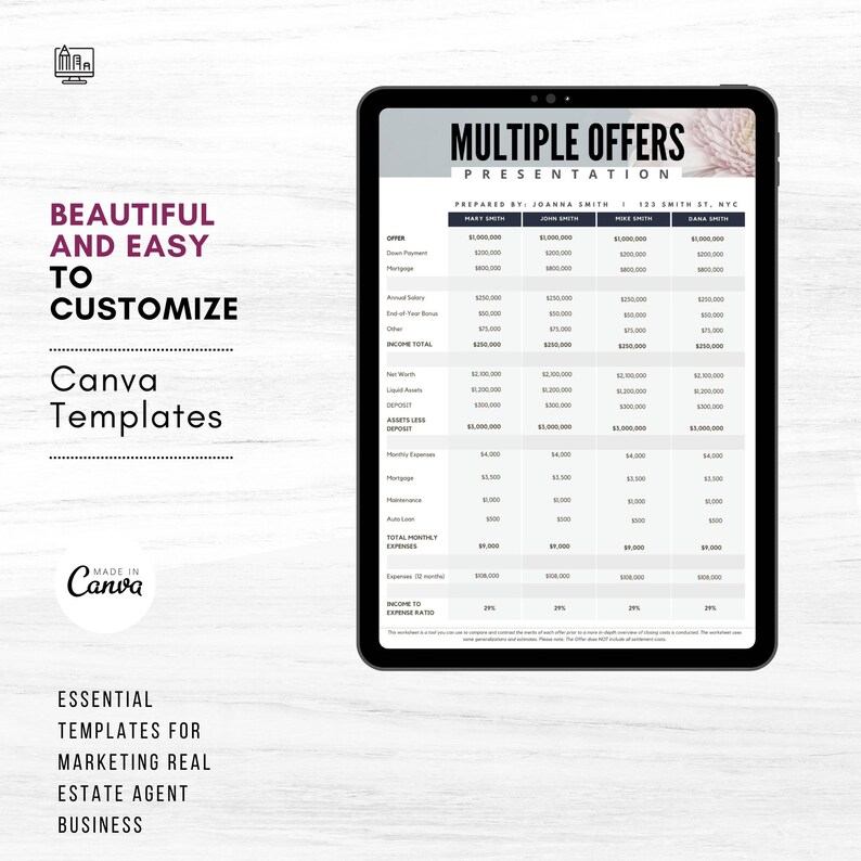 Real Estate Multiple Offer Comparison Worksheet: Canva Template ...