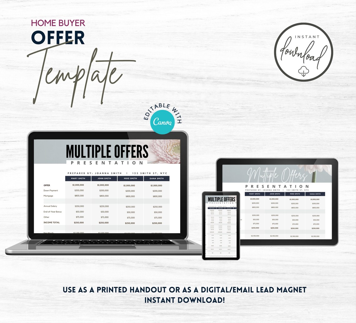 Multiple Offer Comparison Worksheet, Real Estate Marketing, Realtor ...