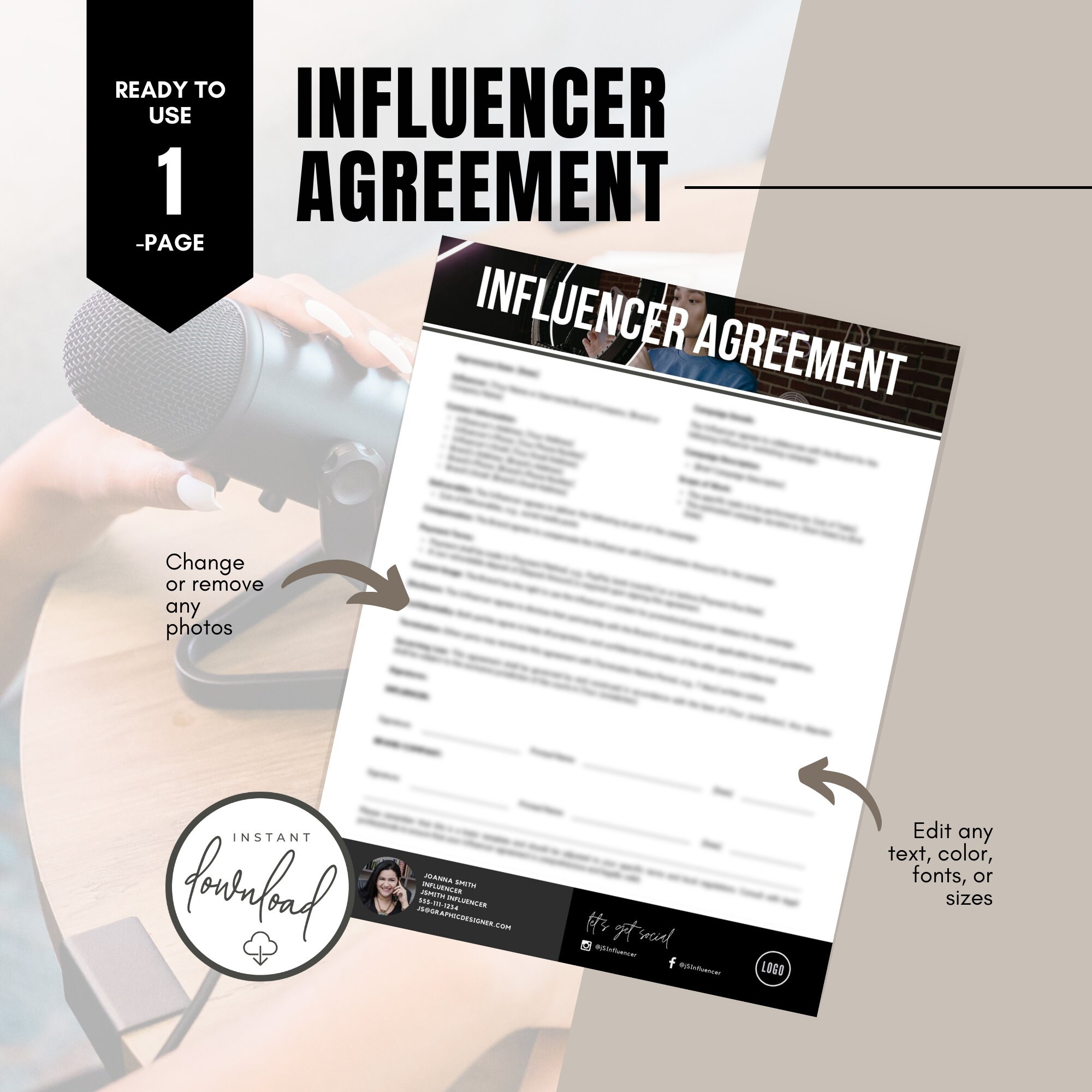 Effective, Super Short, 1page Editable Influencer Agreement Printable ...