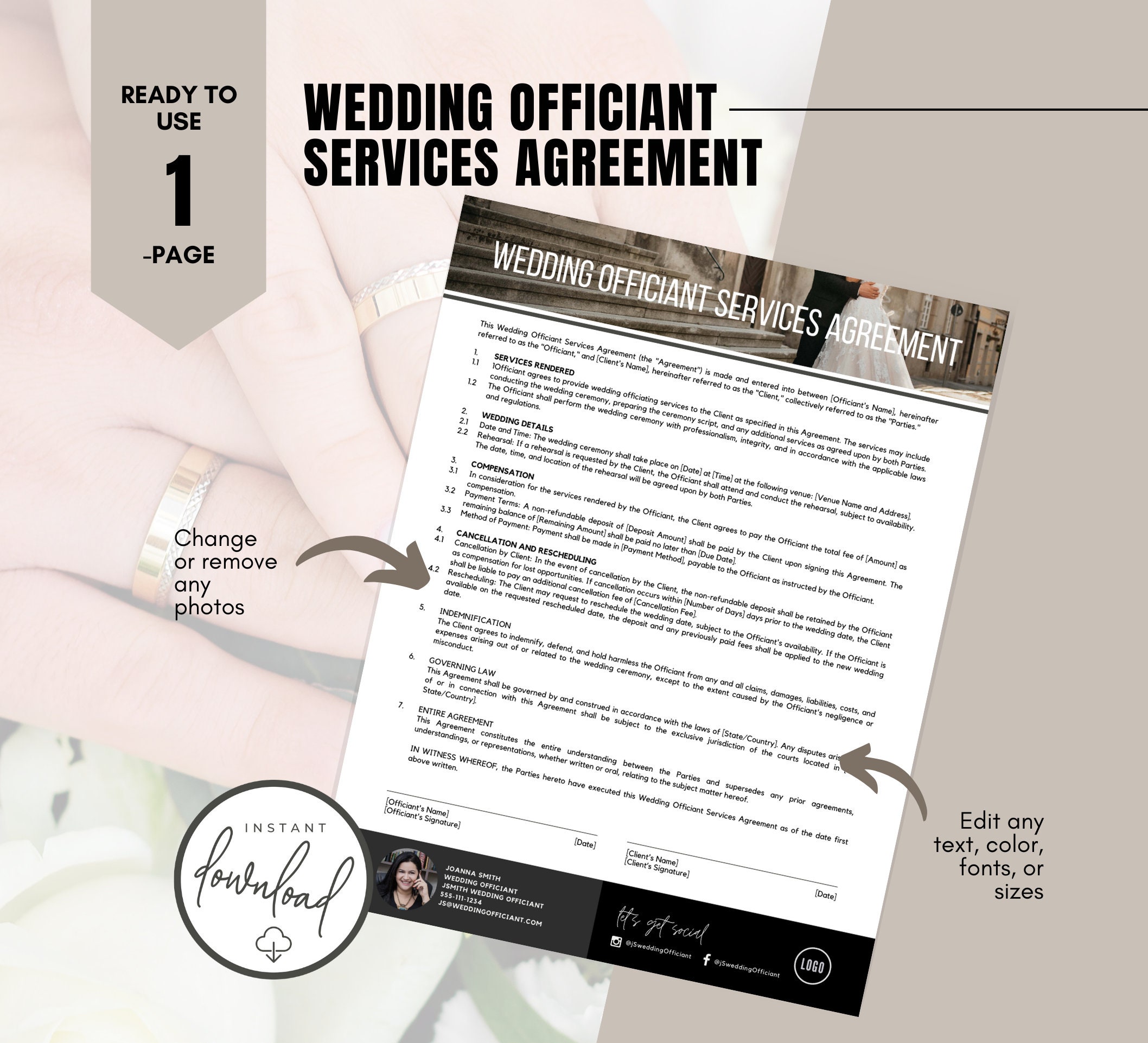 Super Short, Effective, Only 1 Page Editable Wedding Officiant Contract ...