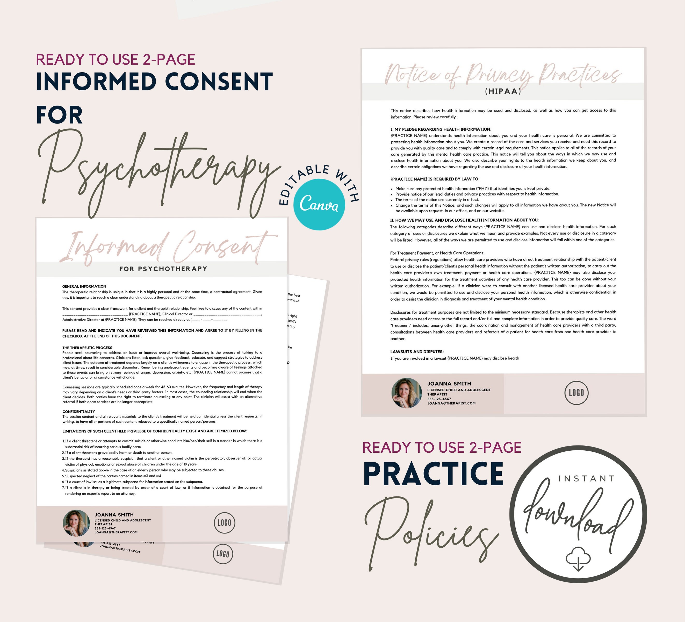 TELEHEALTH Paperwork Documents for Therapists Editable Canva - Etsy