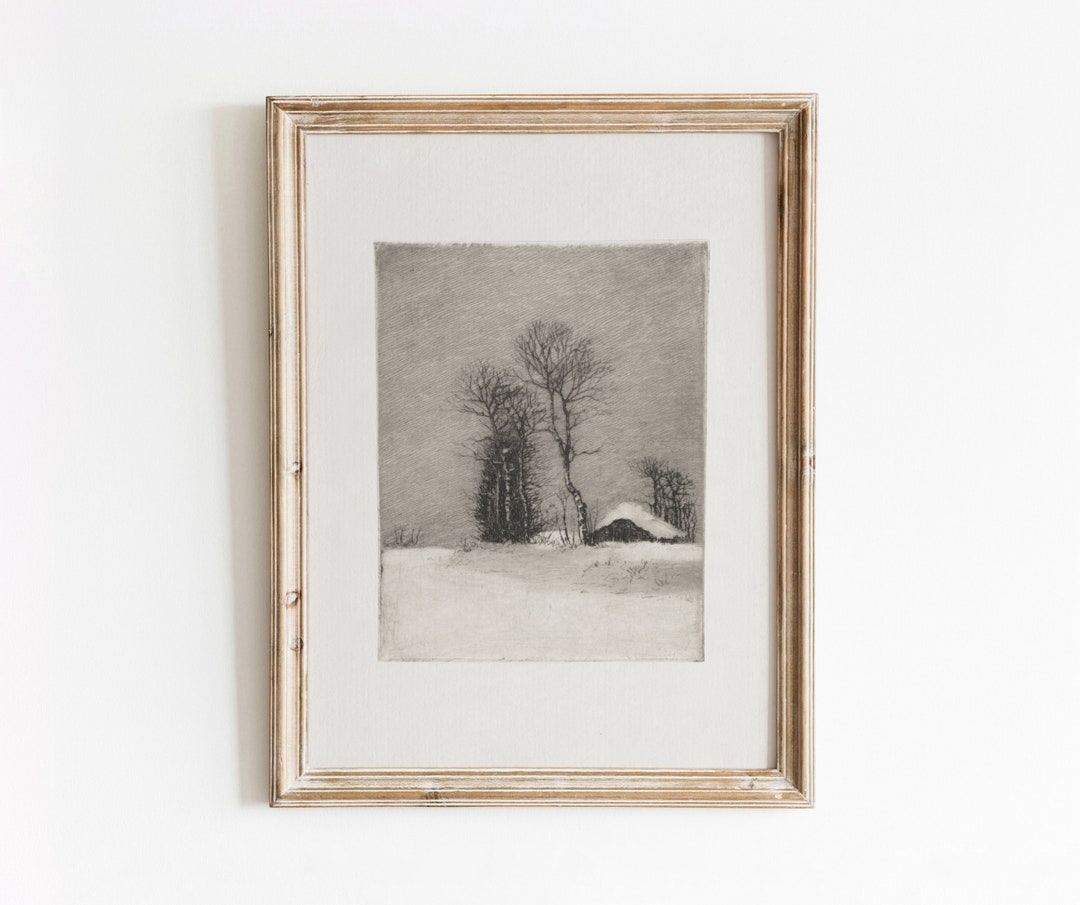 Winter Etching | Vintage Black and White Art | Snowy Landscape | Sketch ...