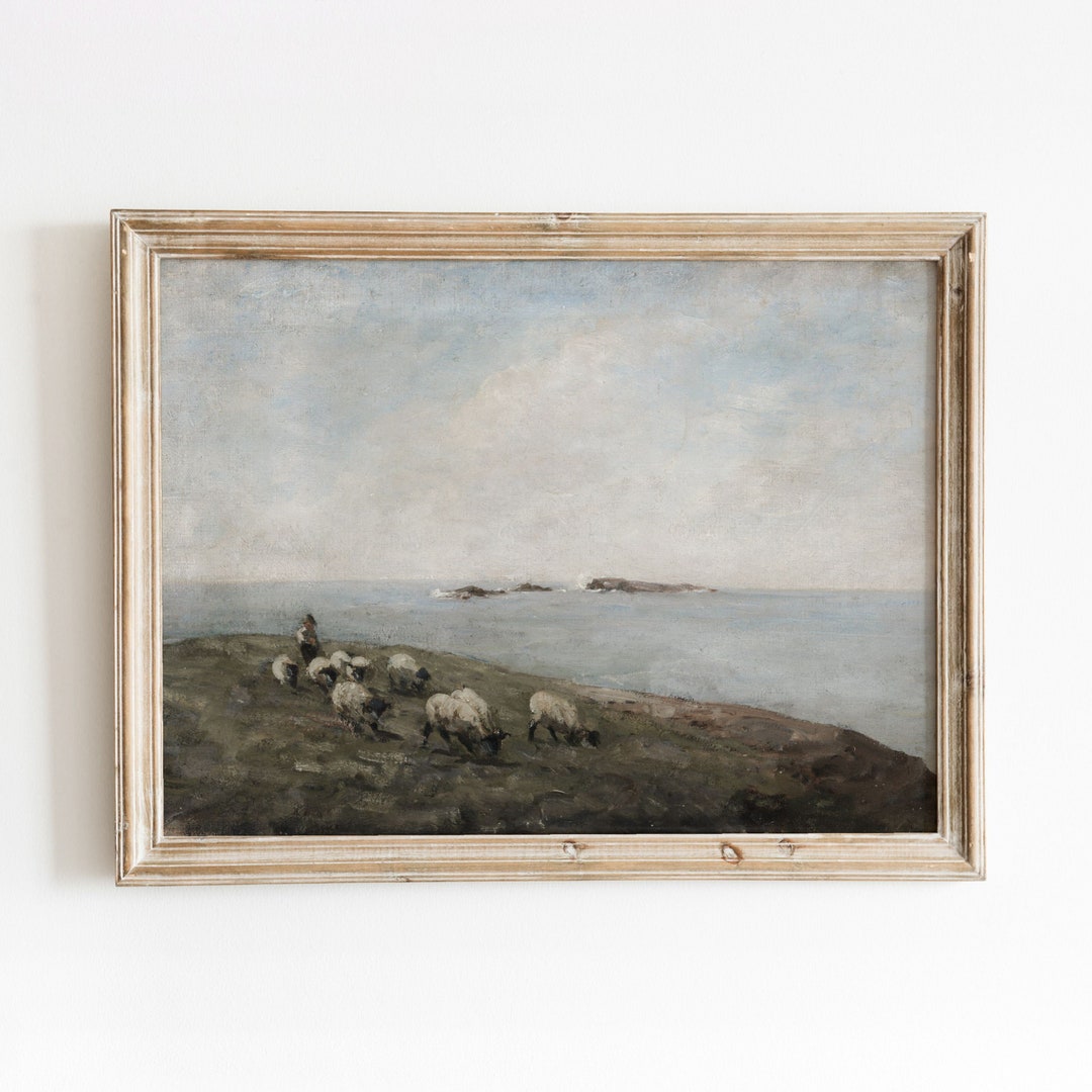 Sheep by the Sea | Vintage Coastal Landscape Painting | Shepherd and ...