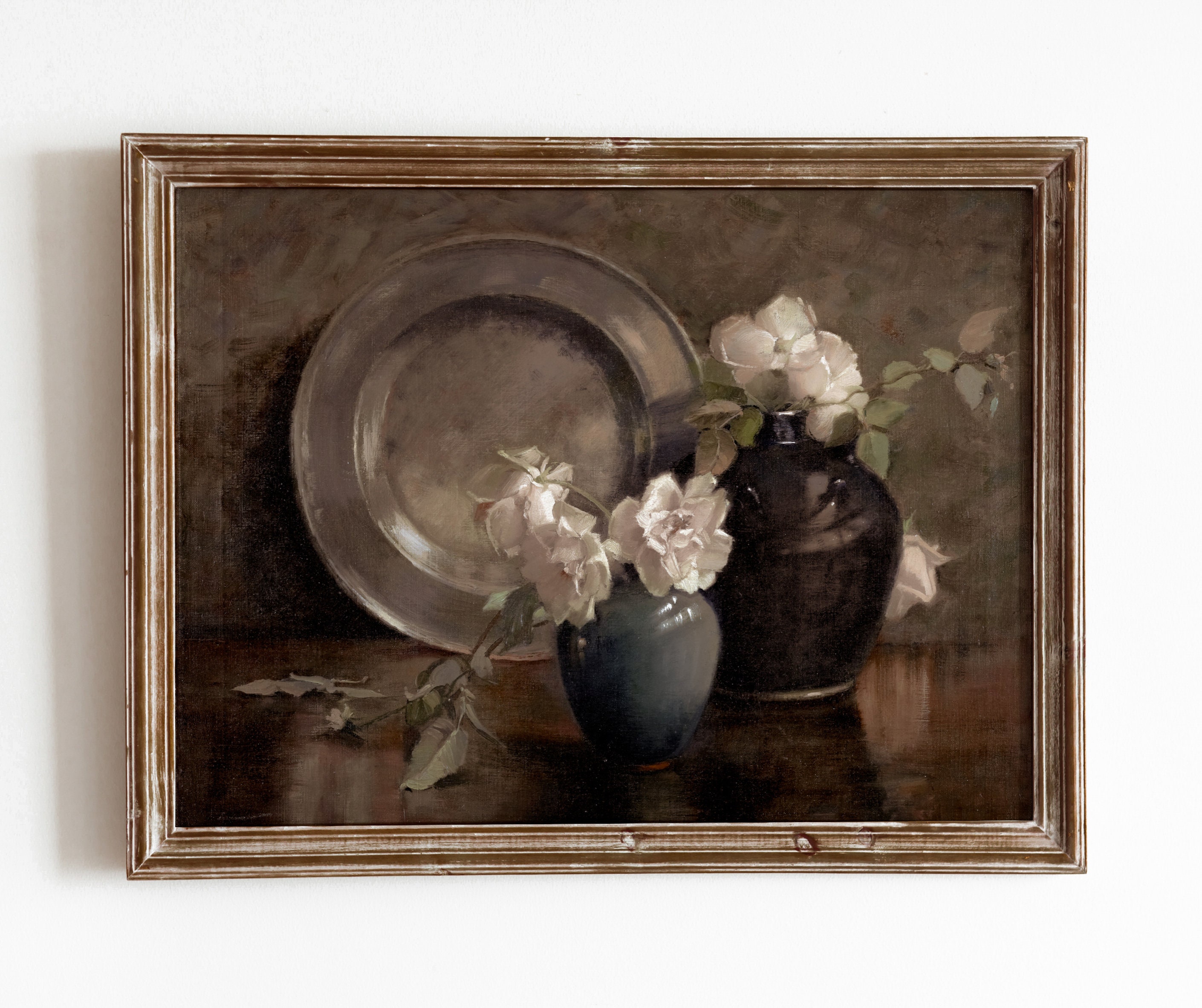 Flower Plate Still Life Vintage Kitchen Painting Dark - Etsy