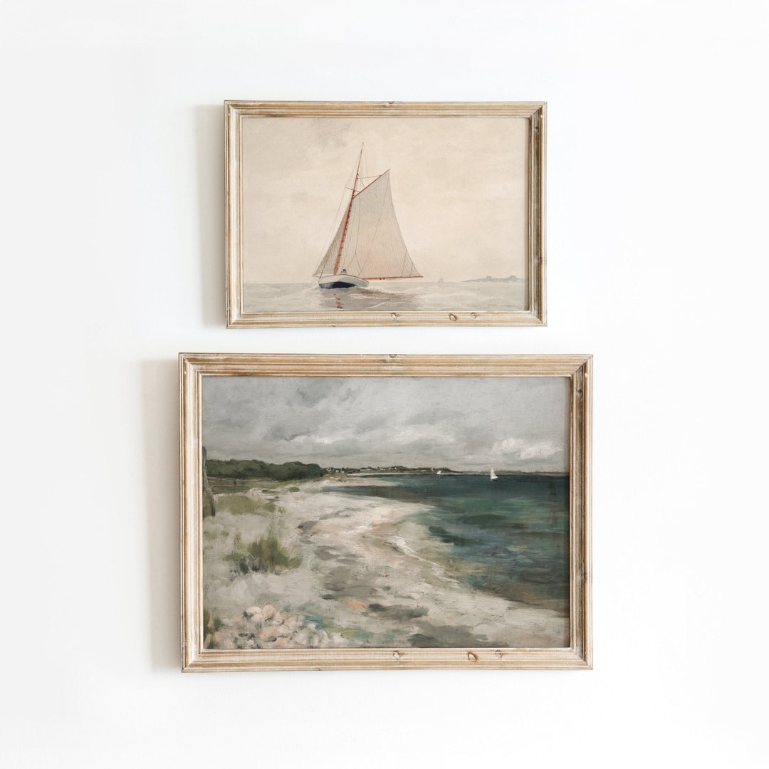 Sailboat + Dark Shore | Vintage Coastal Print Set | Nautical Decor Art ...