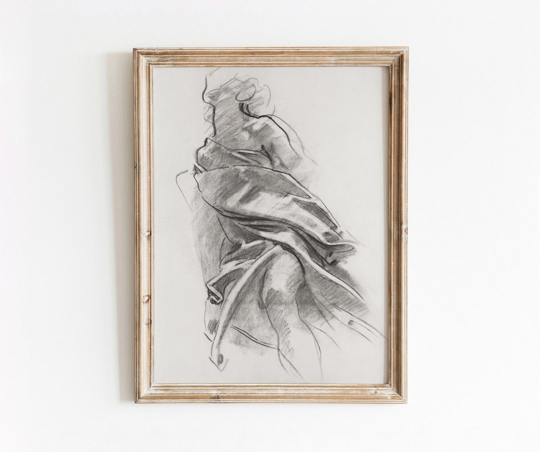 Draped Figure Sketch | Vintage Woman in Sheet Drawing | Black and White ...