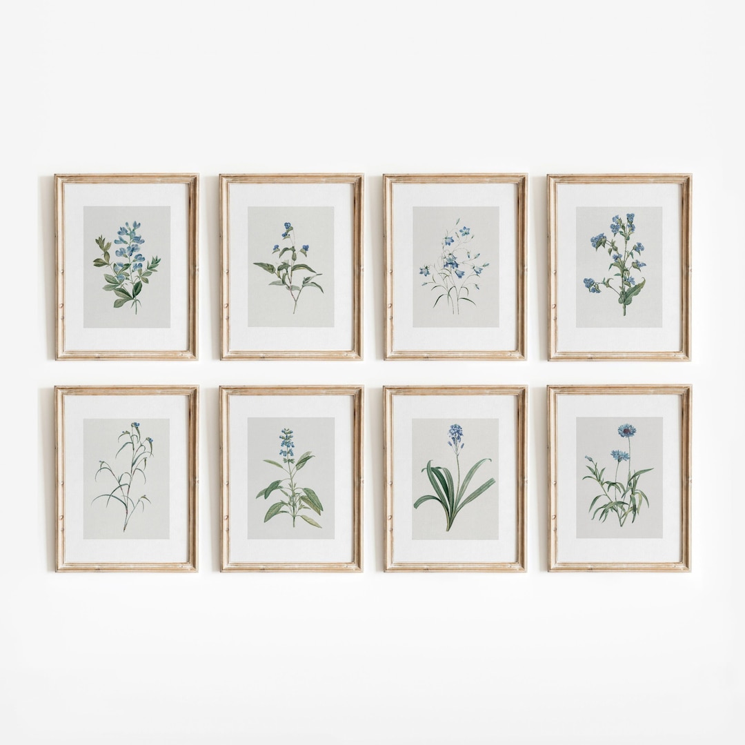 Blue Botanical Set of 8 | Vintage Floral Watercolors | Printable Flower ...