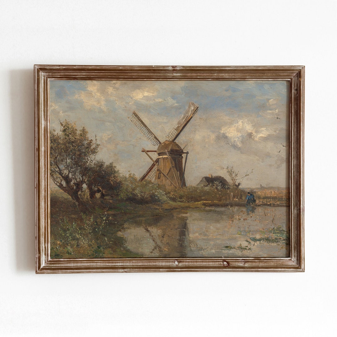 Brown Windmill Landscape Vintage Moody Oil Painting Dutch Scenery ...