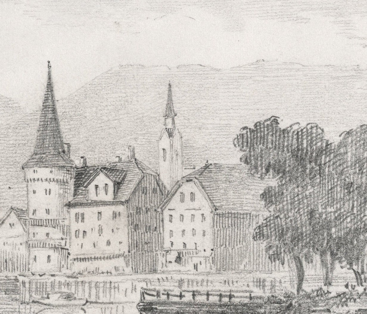 Lucerne Sketch Vintage Swiss City Drawing Black and White - Etsy