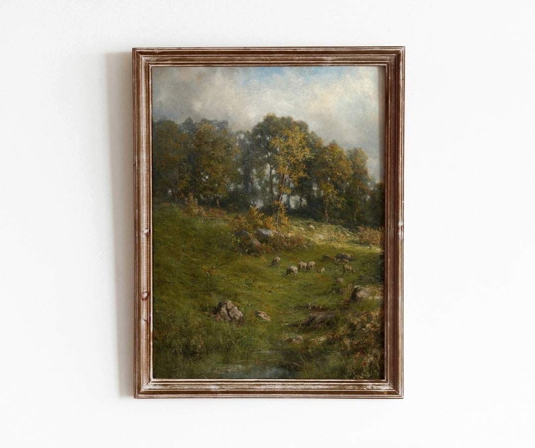 Hillside Pasture | Vintage Farm Landscape Painting | Sheep Grazing ...