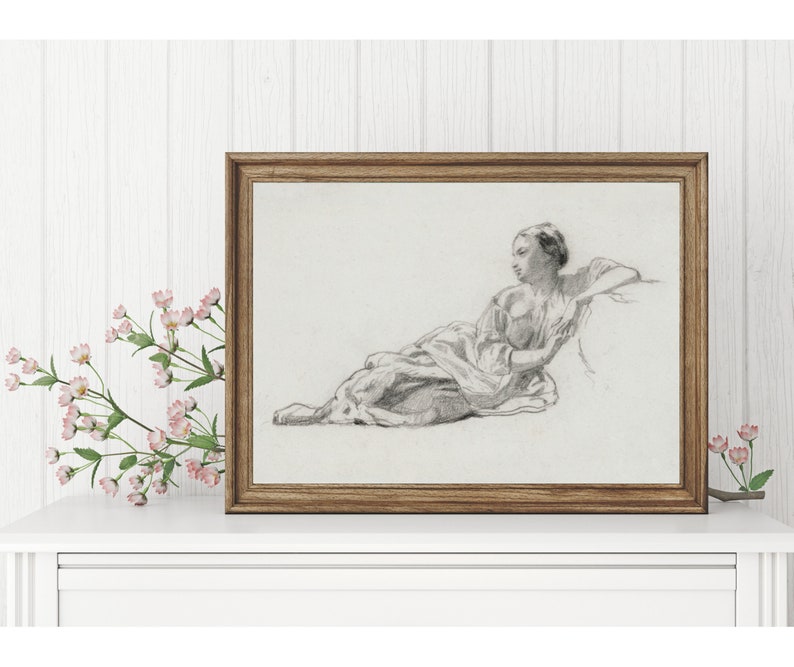Reclining Woman Sketch Vintage Drawing Black and White - Etsy