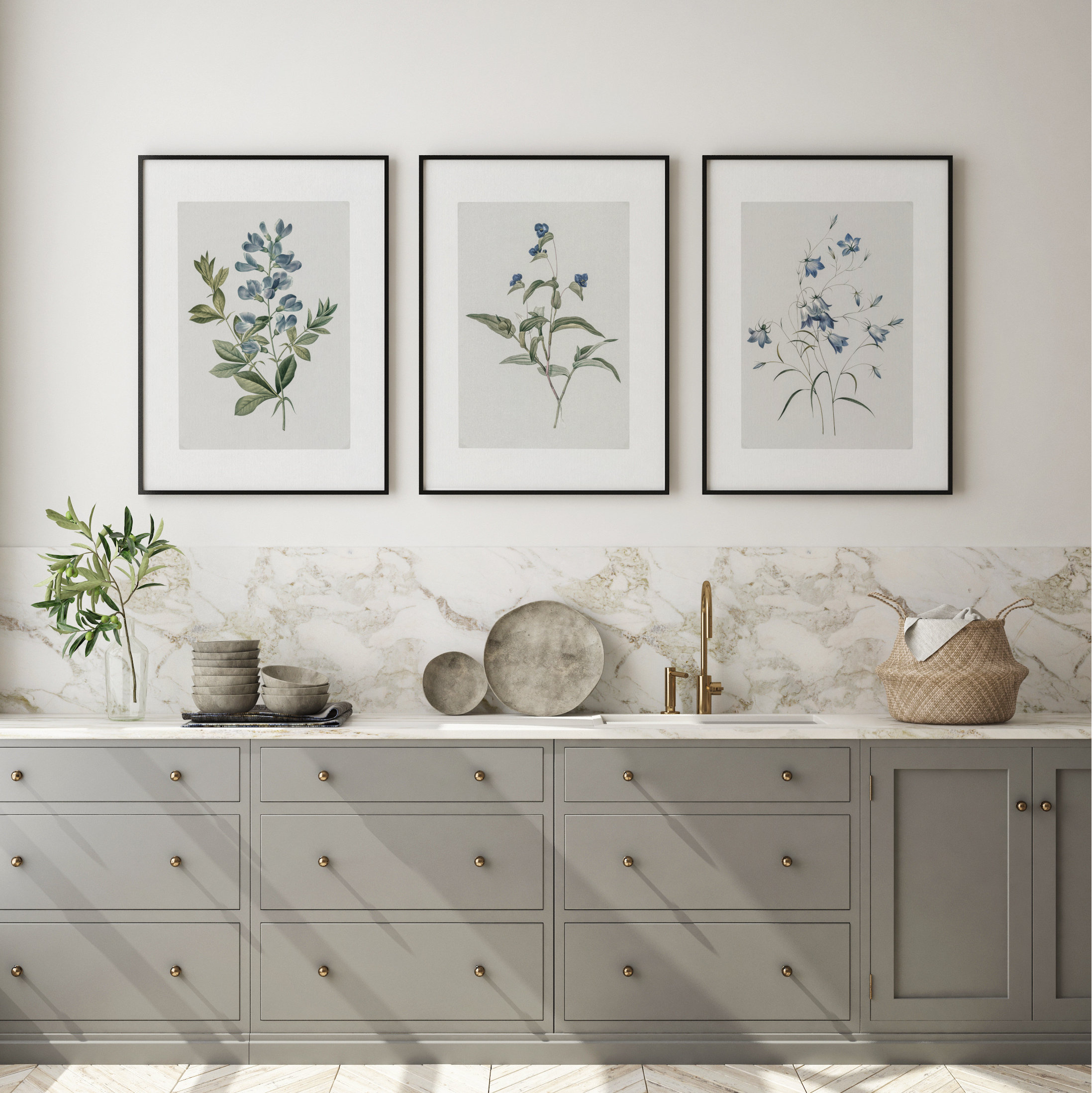 Blue Botanical Set of 3 Vintage Flower Paintings Floral - Etsy