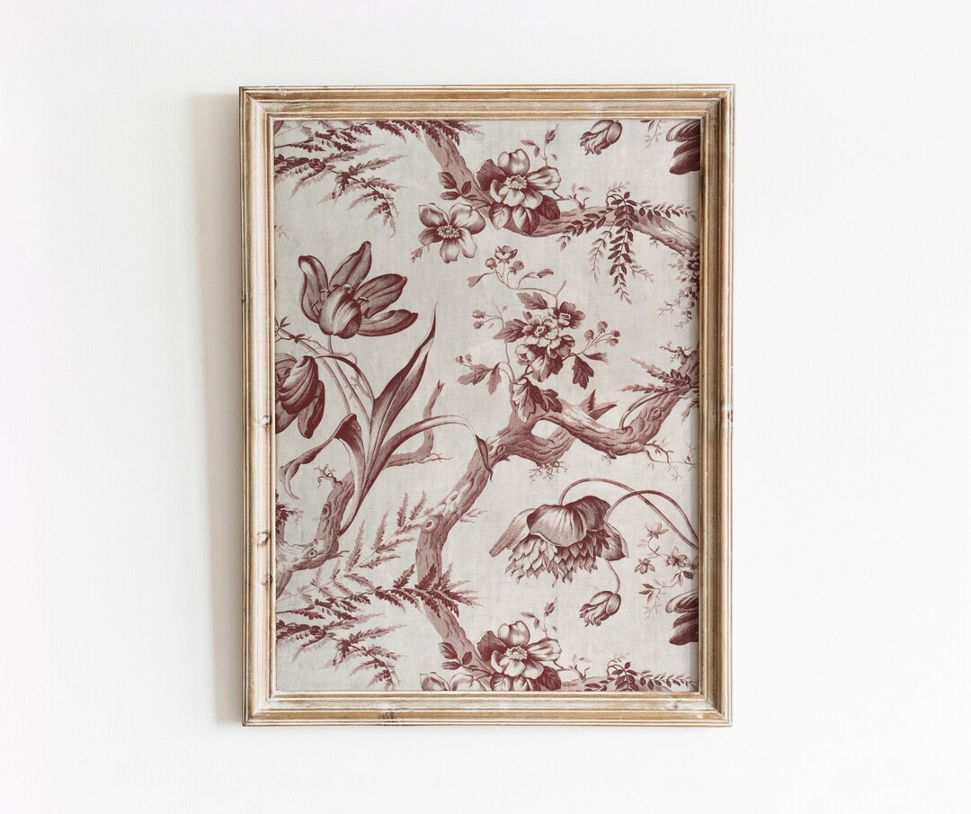 Botanical Textile | Vintage Floral Branches Artwork | Burgundy Maroon ...
