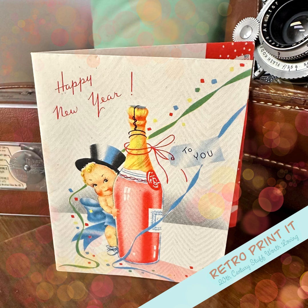 Printable Vintage Kitsch Baby New Year Card: Top Hat, Champagne Bottle ...