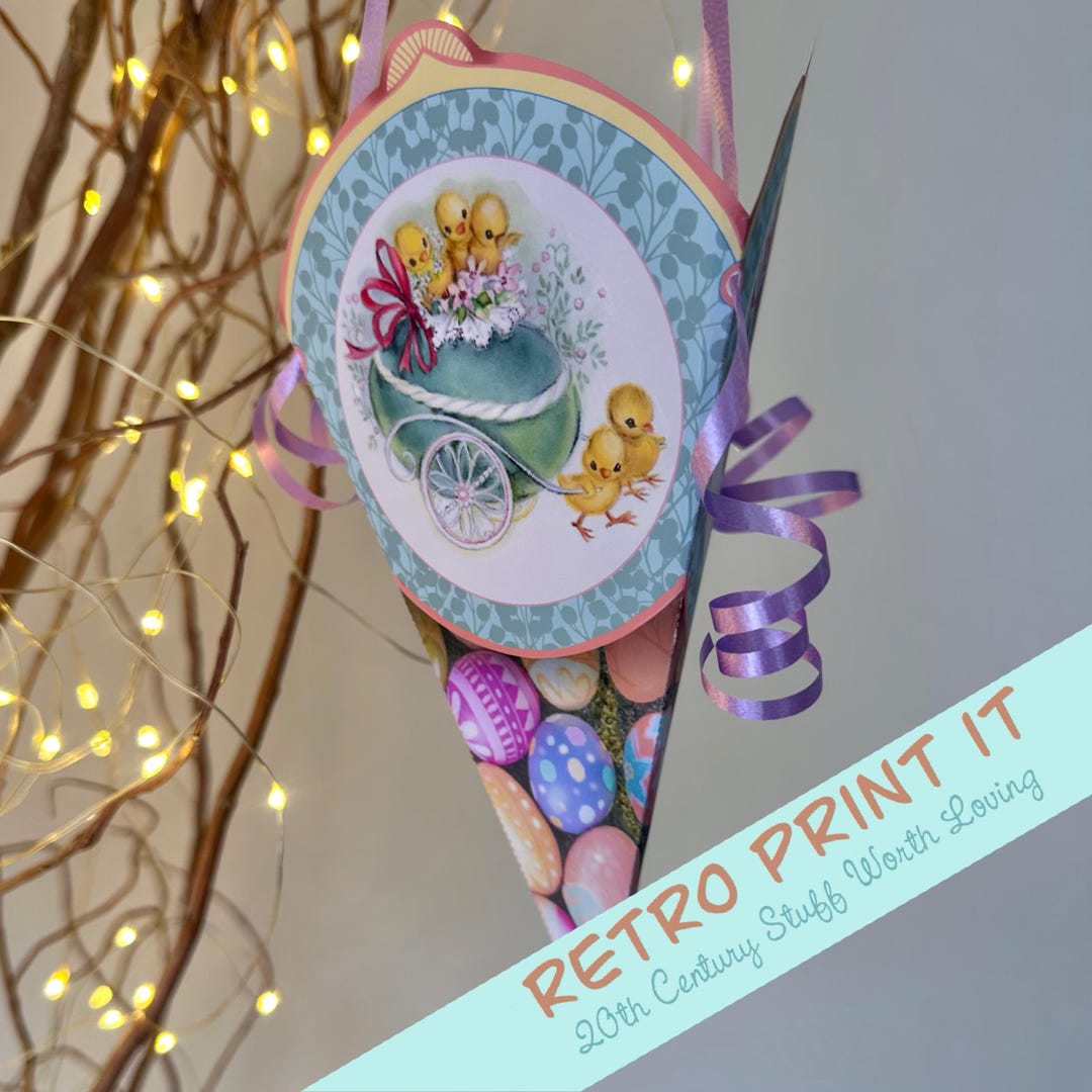 Printable Vintage Easter Retro Easter Chicks and Eggs in a Cone Shape ...