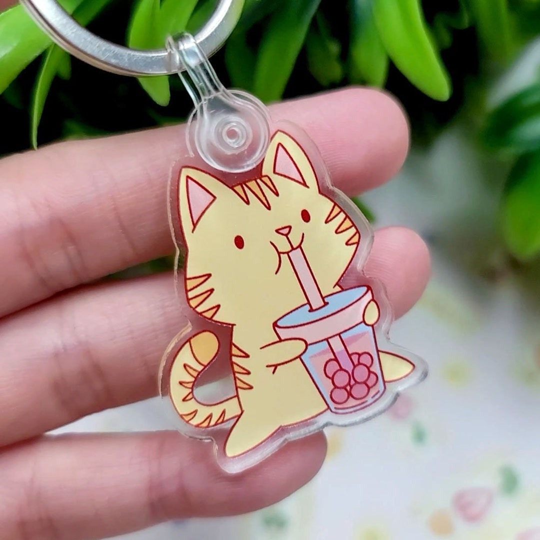 Tabby Cat Bubble Tea Boba Acrylic Keychain - Etsy